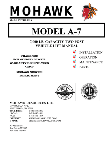 Mohawk Lifts A-7 Product Manual | Manualzz