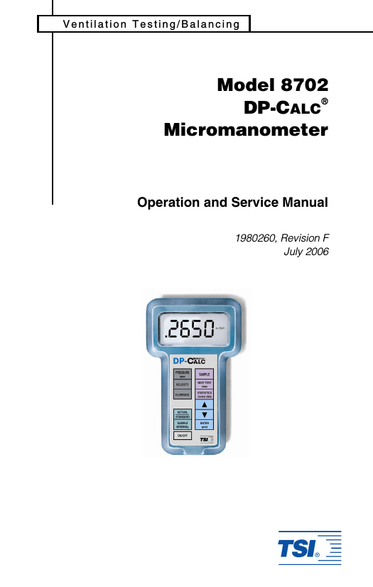 TSI 8702 Micromanomètre DP-CALC Owner's Manual | Manualzz
