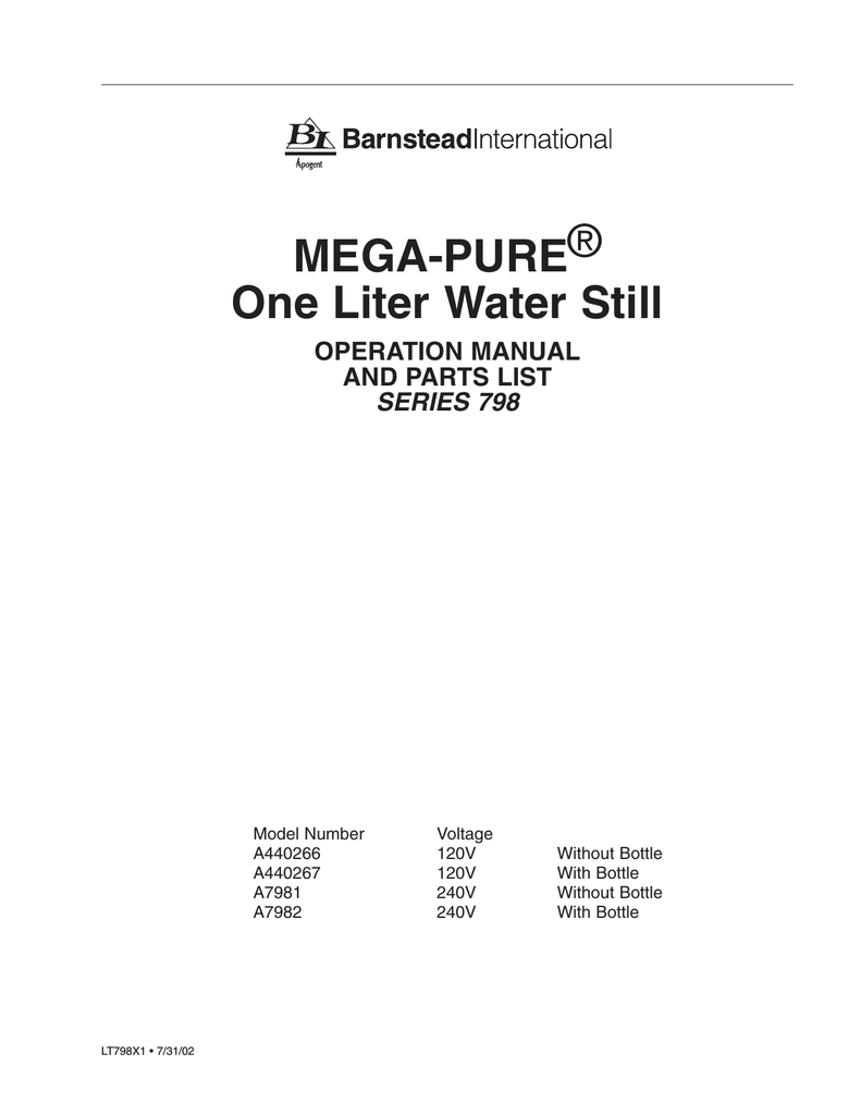 Barnstead Mega-Pure Series 798 Operation Manual And Parts List | Manualzz
