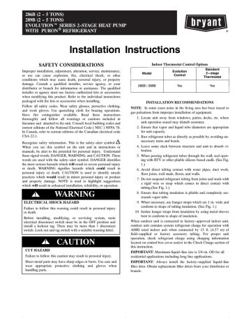 Bryant Evolution 286B, 289B Installation Instructions | Manualzz