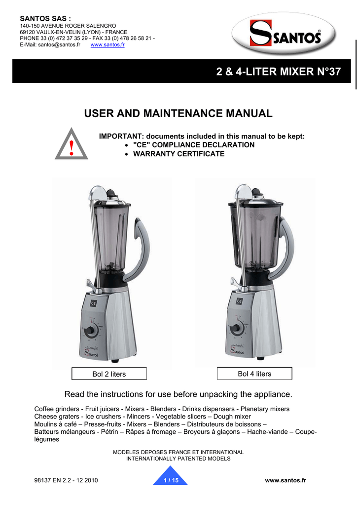 santos 2 & 4-LITER MIXER User And Maintenance Manual | Manualzz