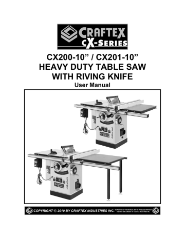 Craftex CX Series CX201 10" CABINET TABLE SAW Owner Manual | Manualzz