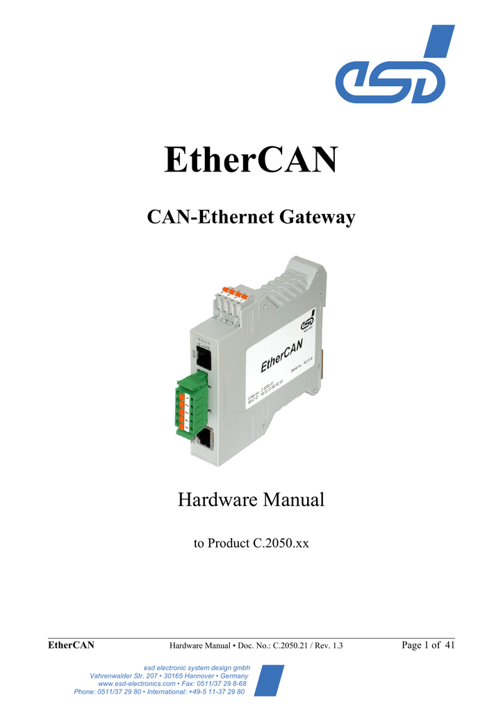 ESD EtherCAN CAN-Ethernet Gateway Owner's Manual | Manualzz