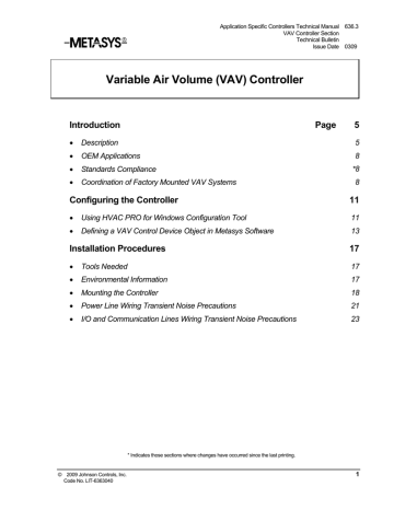 Johnson Controls METASYS VAV140 Technical Manual | Manualzz