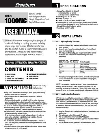 Braeburn Thermostat Builder Series 1000NC User Manual | Manualzz