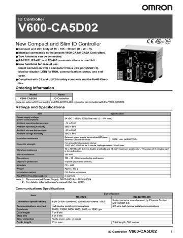 OMRON ID Controller V600-CA5D02 Datasheet | Manualzz