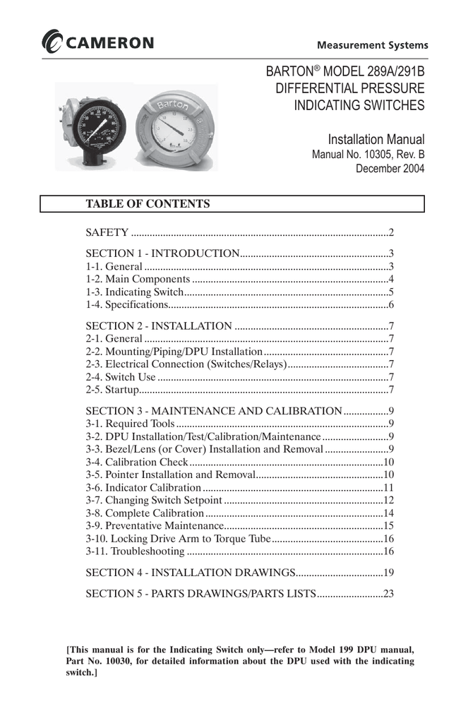 BARTON Models 289A & 291B DP Switches IOM | Manualzz