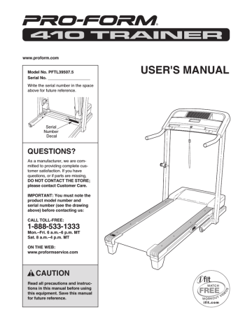 WARNING DECAL PLACEMENT. Pro-Form 410 Treadmill Trainer, 410 trainer ...