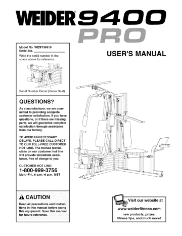 Weider WESY39310 Pro 9400 Weight System Owner's Manual | Manualzz