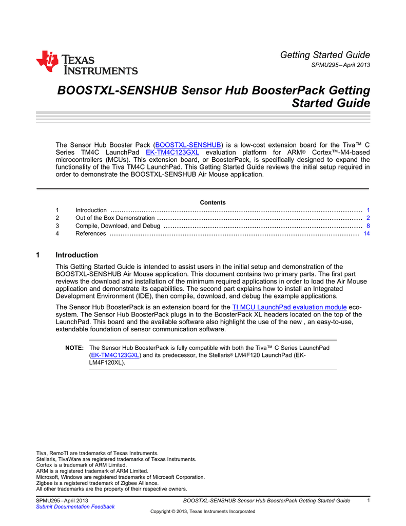 Texas Instruments BOOSTXL-SENSHUB BoosterPack User guide | Manualzz