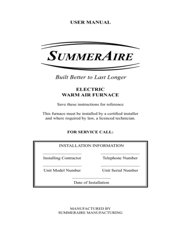 SummerAire ELECTRIC WARM AIR FURNACE User manual | Manualzz
