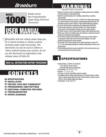 Braeburn Builder Series 1000 Thermostat User Manual | Manualzz