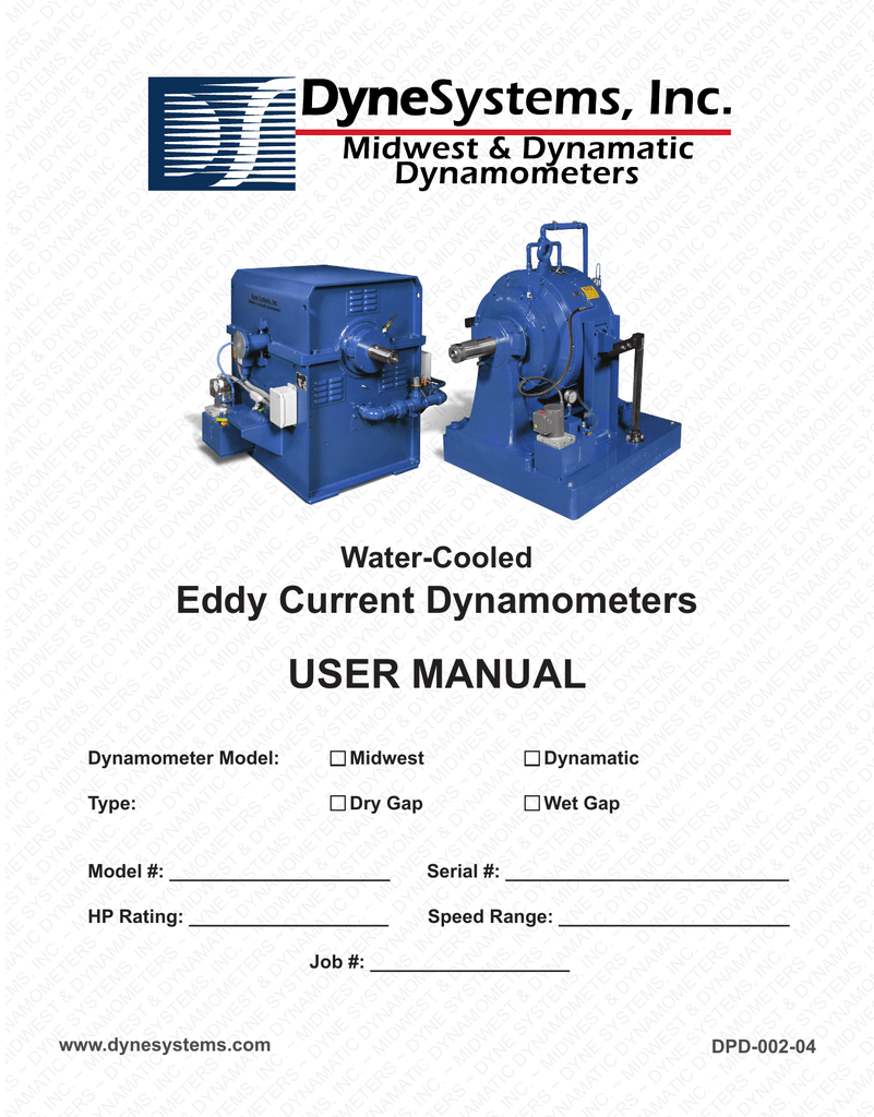 Eddy Current Dynamometer Operator`s Manual | Manualzz