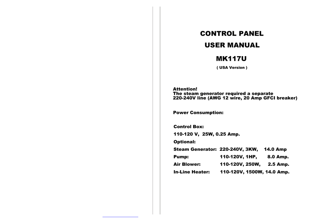 Control panel MK117 User Manual USA version | Manualzz