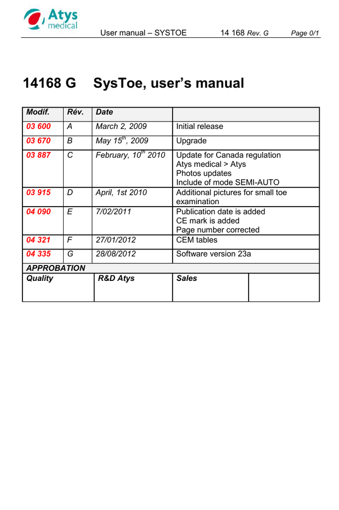 ATYS MEDICAL SysToe User manual | Manualzz
