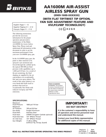 Binks AA1600M AIR-ASSIST Airless Spray Gun User Manual | Manualzz