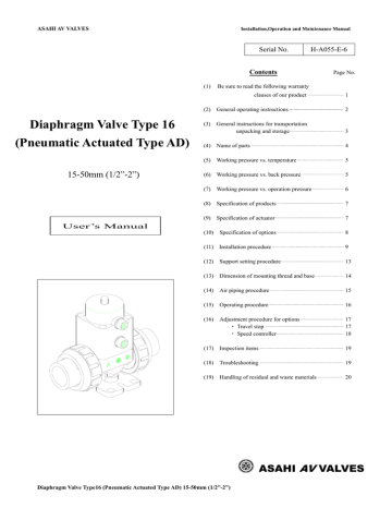 Diaphragm Valve Type 16 Pneumatic Actuated Type AD Manual | Manualzz