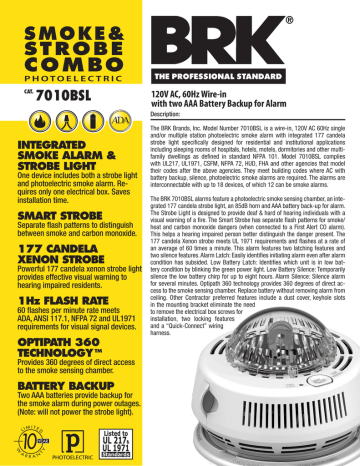 BRK 7010BSL 120V AC/DC Photo Smoke Alarm Specification | Manualzz