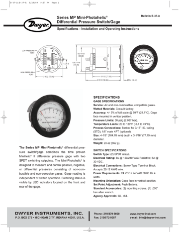 Dwyer MP Mini-Photohelic Differential Pressure Switch/Gage Instructions ...