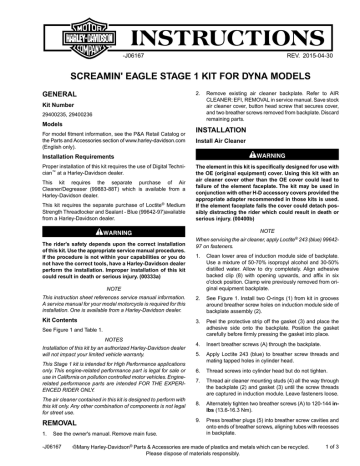 Screamin' Eagle Stage 1 Kit Dyna Instructions | Manualzz