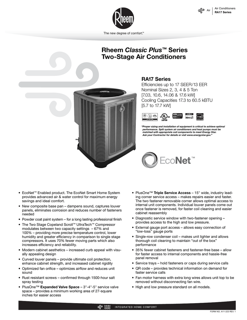 Rheem RA1724AJ2CB RA17 Series 2 Ton, 17 SEER R-410A Two Stage Air ...