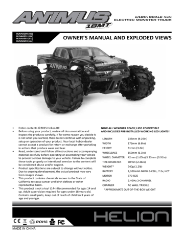 Helion RC Animus 18MT 4X4 Monster Truck Owner's Manual | Manualzz