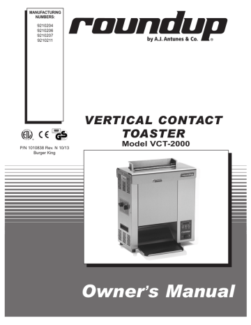 Roundup VCT-2000 Vertical Contact Toaster Owner's Manual | Manualzz
