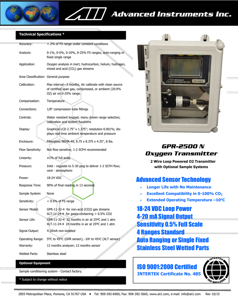 Analytical Industries GPR-2500N Oxygen Transmitter Owner's Manual ...