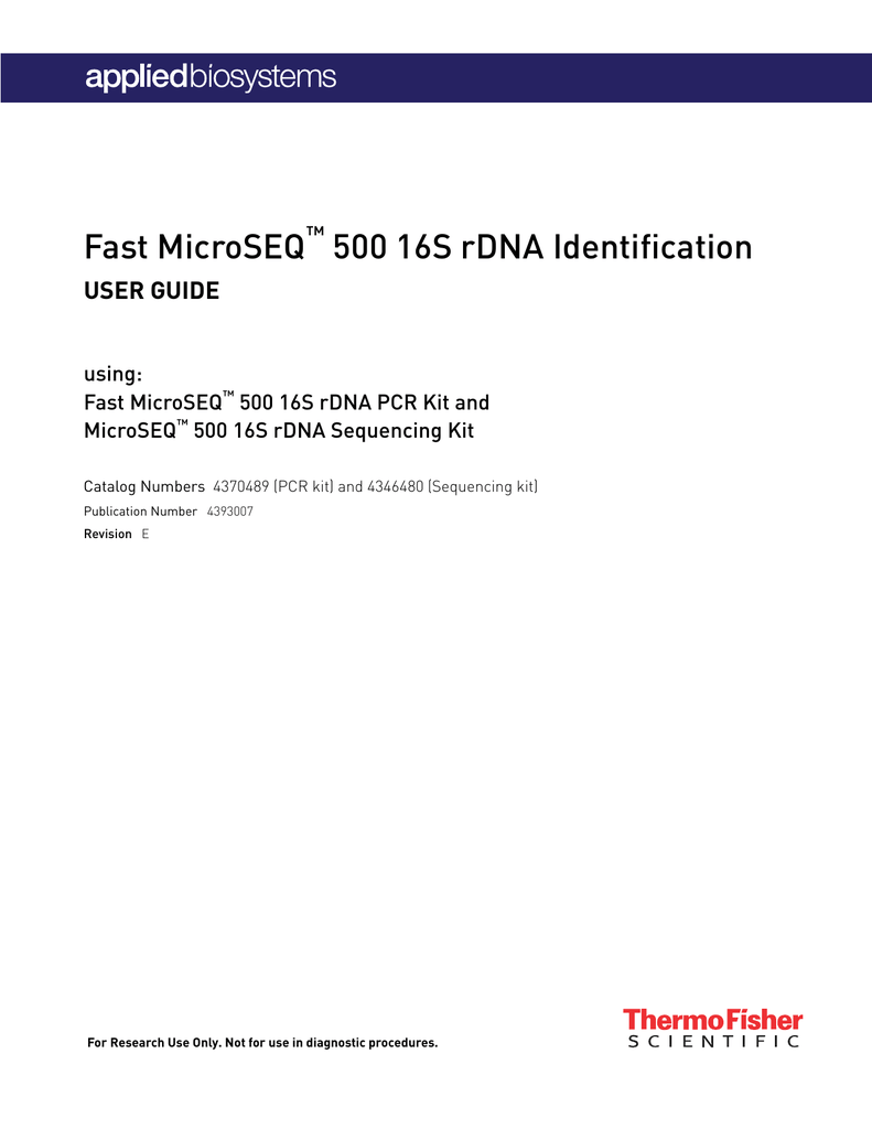 Fast MicroSEQ 500 16S rDNA Identification User Guide (Pub. no | Manualzz