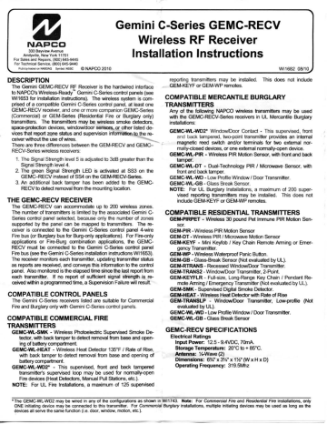 NAPCO GEMC-RECV Wireless Receiver Installation Instructions | Manualzz
