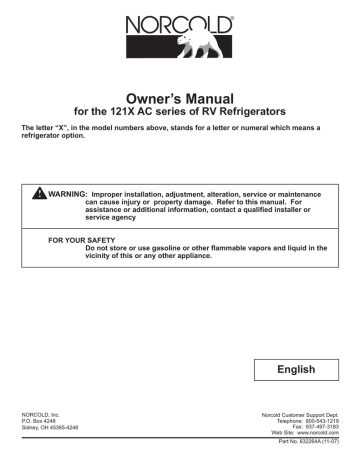 RV Refrigerator 121X AC Owner's Manual | Manualzz