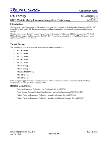 Serial Peripheral Interface RSPI, RX Family MCU RX110 Group ...