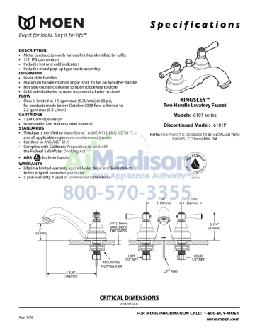 Moen 6101BN Double Lever Lavatory Faucet Spec Sheet | Manualzz