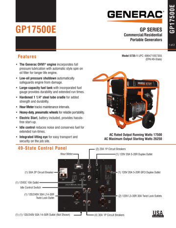 Generac 005735 GP 26250-Watt Gasoline Portable Generator Dimensions ...