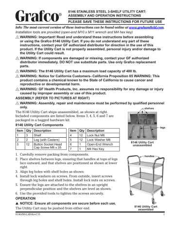 GRAFCO Stainless Steel Utility Cart Assembly & Operation Instructions ...