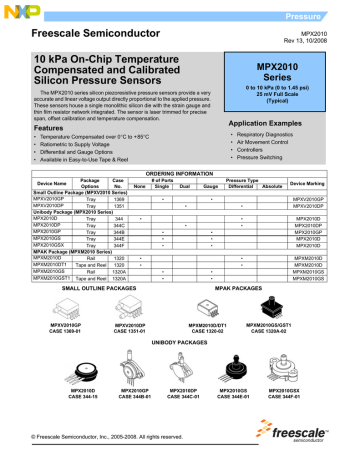 NXP MPXx2010 0 to 10kPa, Differential and Gauge, Compensated Pressure ...