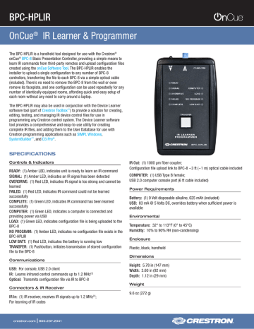 Crestron OnCue BPC-HPLIR Datasheet | Manualzz