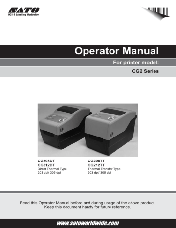 SATO CG2 CG208DT, CG2 CG212DT, CG2 CG208TT, CG2 CG212TT Operator Manual ...