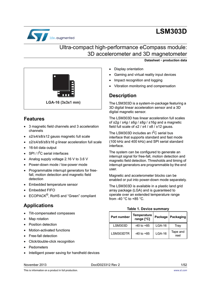 STMicroelectronics LSM303D Datasheet | Manualzz