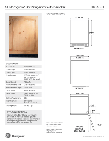 Monogram ZIBI240HII Refrigerator Specification | Manualzz