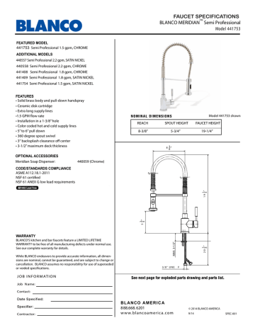 Blanco 441753 Single Lever Pull Down Kitchen Faucet Spec Sheet | Manualzz