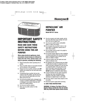 Honeywell hepaclean HHT-011 series Safety Instructions | Manualzz