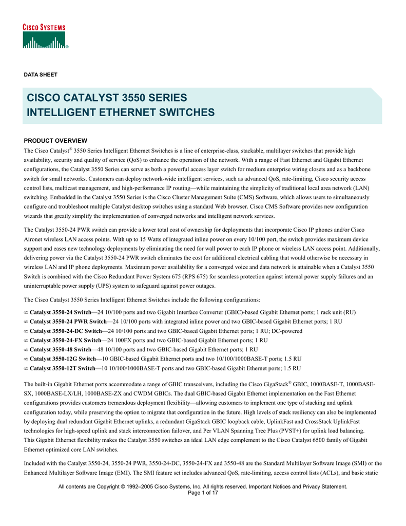 Cisco WS-C3550-12T Datasheet | Manualzz
