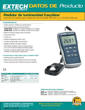 Extech Instruments EA30 EasyView™ Wide Range Light Meter Ficha de datos ...