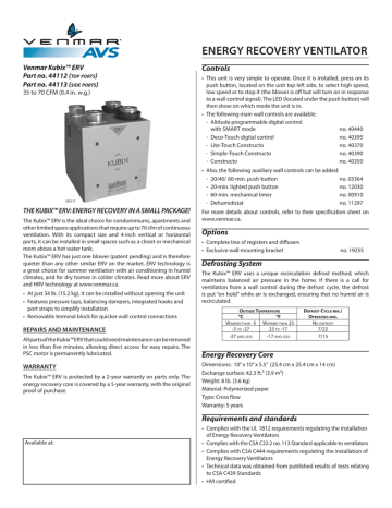 Venmar Kubix ERV Air Exchanger Specification Sheet | Manualzz