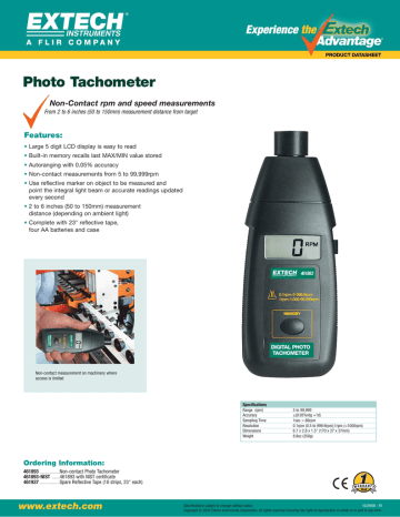 Extech Instruments 461893 Photo Tachometer Datasheet | Manualzz