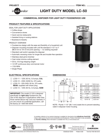 InSinkErator LC50 Specification | Manualzz