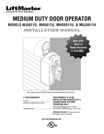 LiftMaster MJ5011U, MH5011U, MHS5011U, MGJ5011U Installation Manual ...