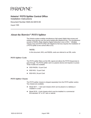 Paradyne POTS Splitter 5020 RADSL 12-port Card, 6020 MVL 12-port Card ...
