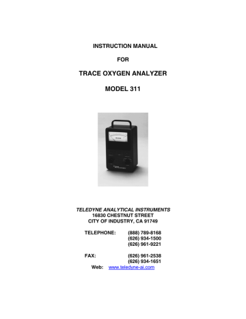 Teledyne 311 Portable trace oxygen analyzer Instruction manual | Manualzz